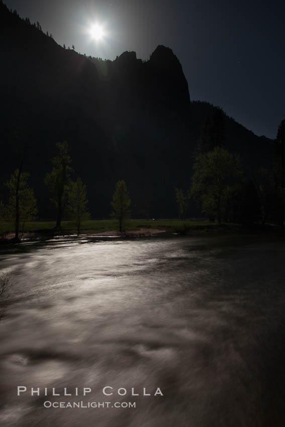 Merced River and full moon, Yosemite National Park, California