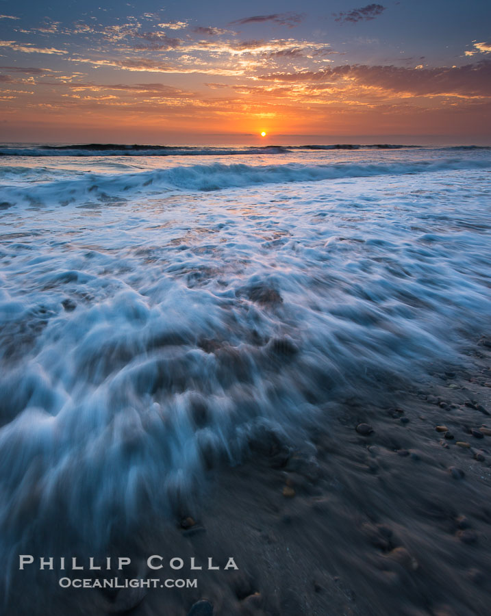 Sunset and incoming surf, Carlsbad, California, #27878