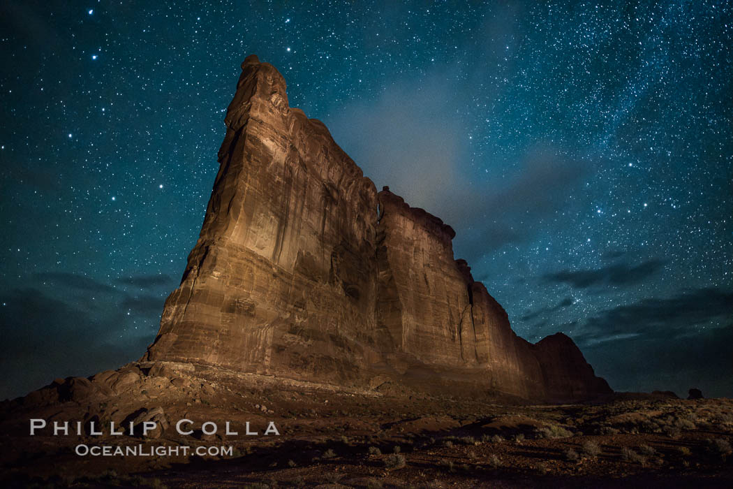 Tower of Babel and stars at night, Arches National Park, Utah