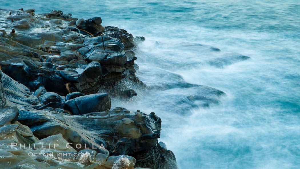 Waves wash over coast rocks, La Jolla, California, #26528